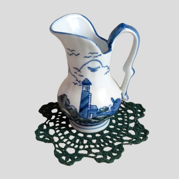 Dining | Vintage Hand Painted Blue White Lighthouse Pitcher | Poshmark